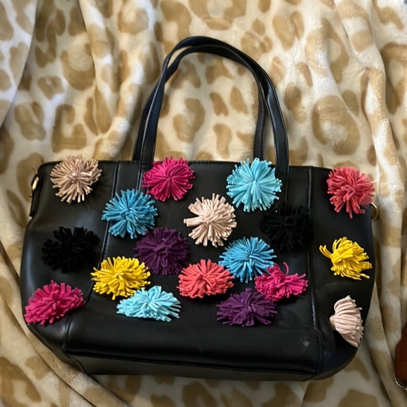 Gianni Bini | Bags | Gianni Bini Colorful Pompom Embellished Black Tote ...